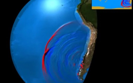 智利地震引发的海啸 向太平洋传播模拟图