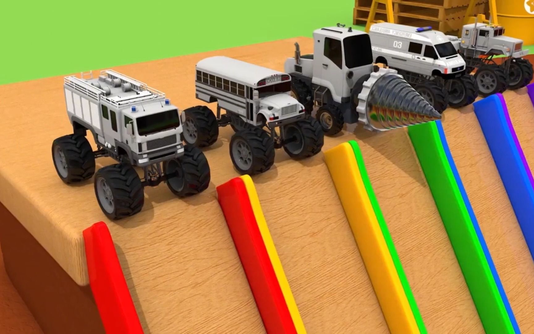 早教动画:消防车车滑下滑滑梯,撞开障碍物掉进魔法池,上岸后好帅气