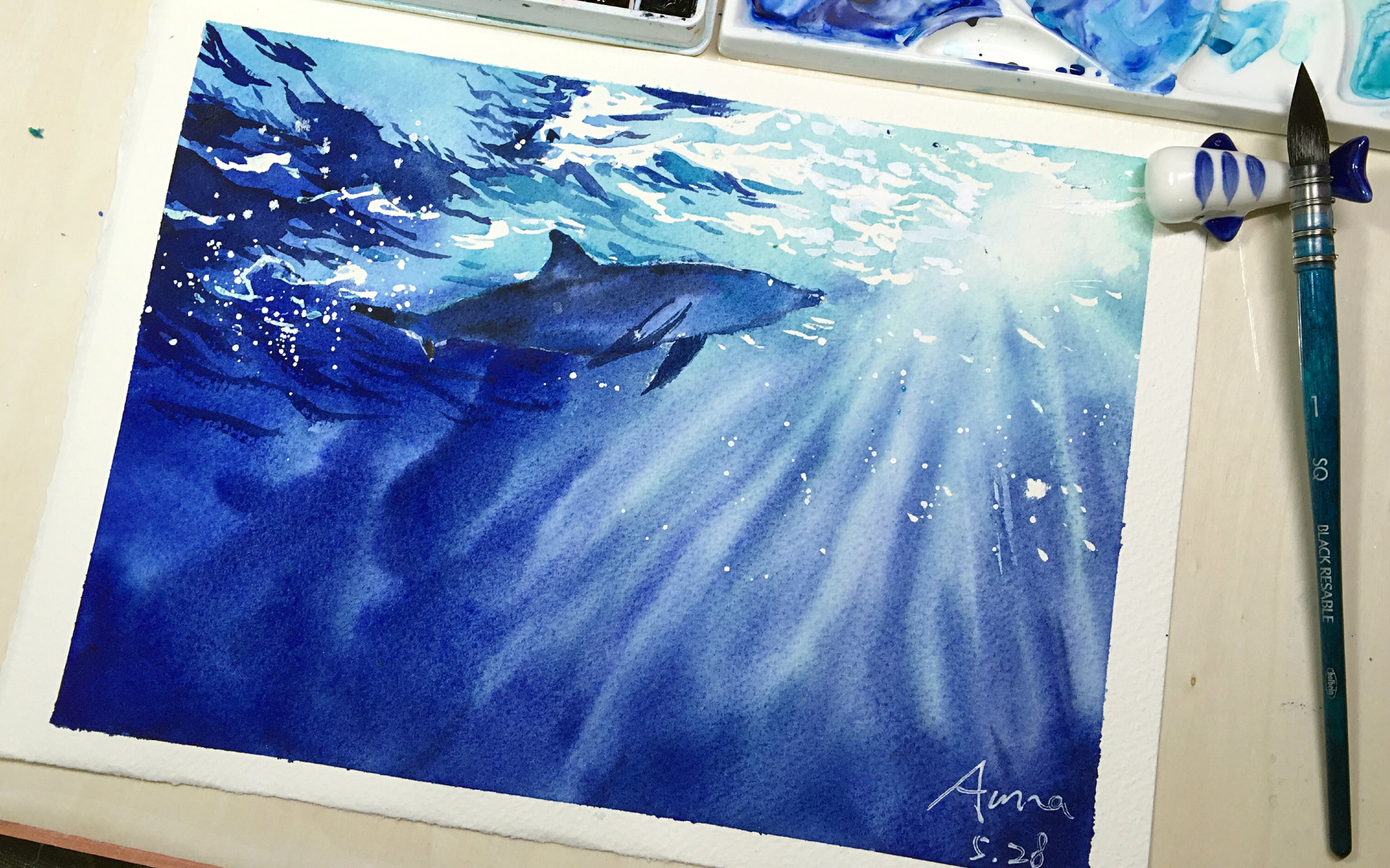 @娜Naland水彩之海水的画法~我喜欢你,如鲸向海~