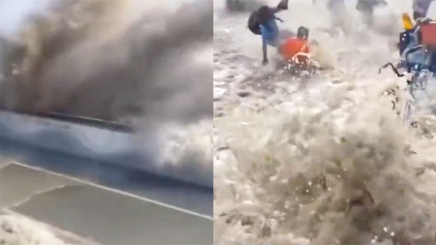 十几米巨浪!钱塘江大潮“怒”拍岸 观潮市民瞬间被拍翻险被冲走