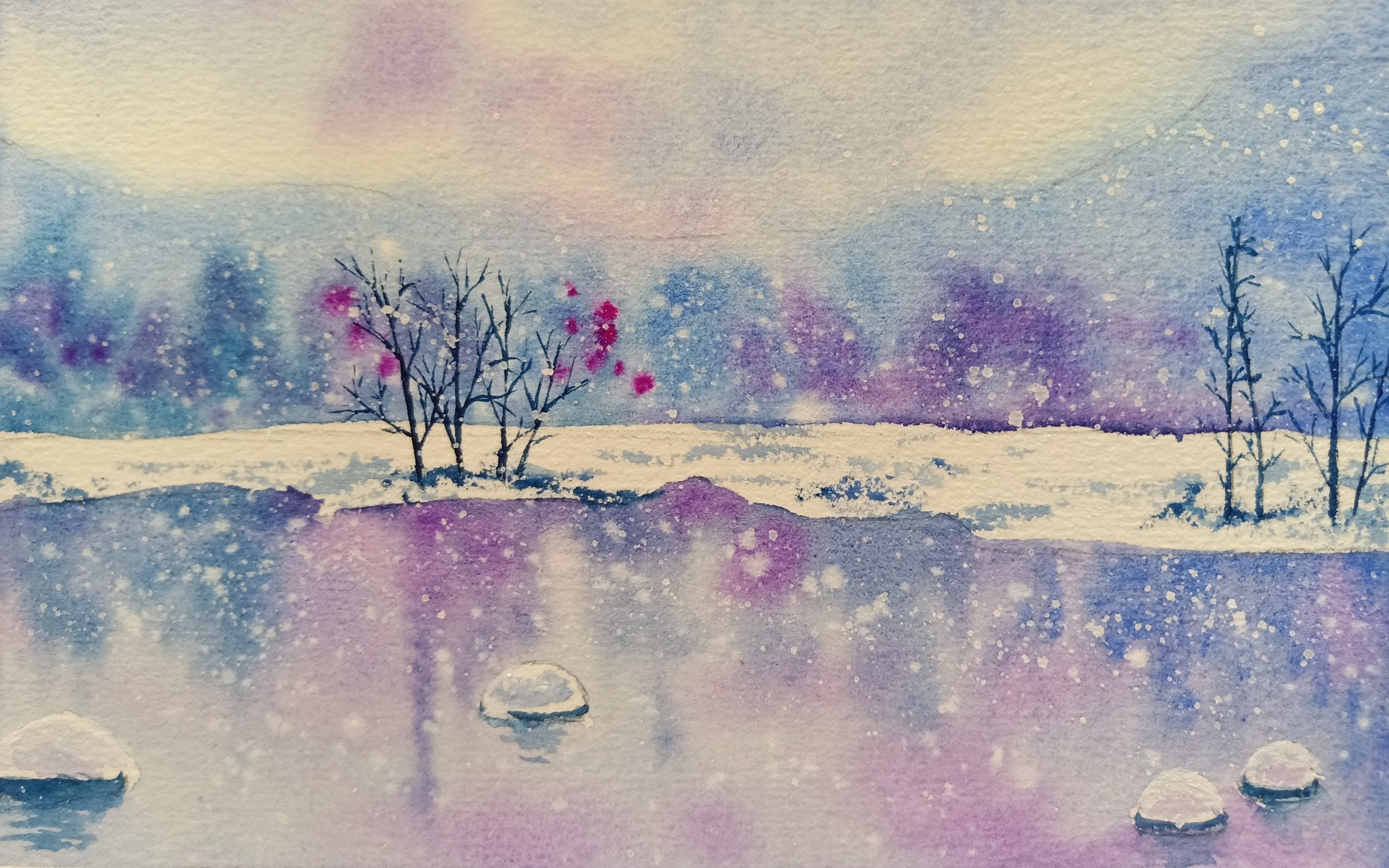 水彩教程第四十九弹 蓝紫色系的雪景,新手向原速教程