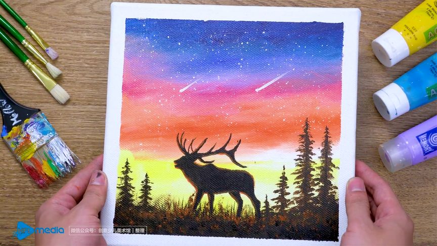 儿童画教程|趣味水粉画《星空下的麋鹿》
