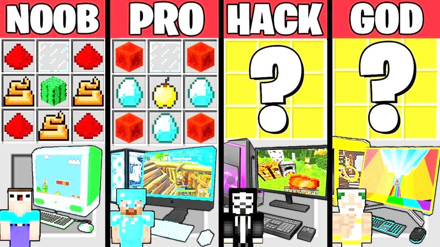 我的世界动画:MC世界游戏电脑制作挑战-新手vs专业vs黑客vs上帝