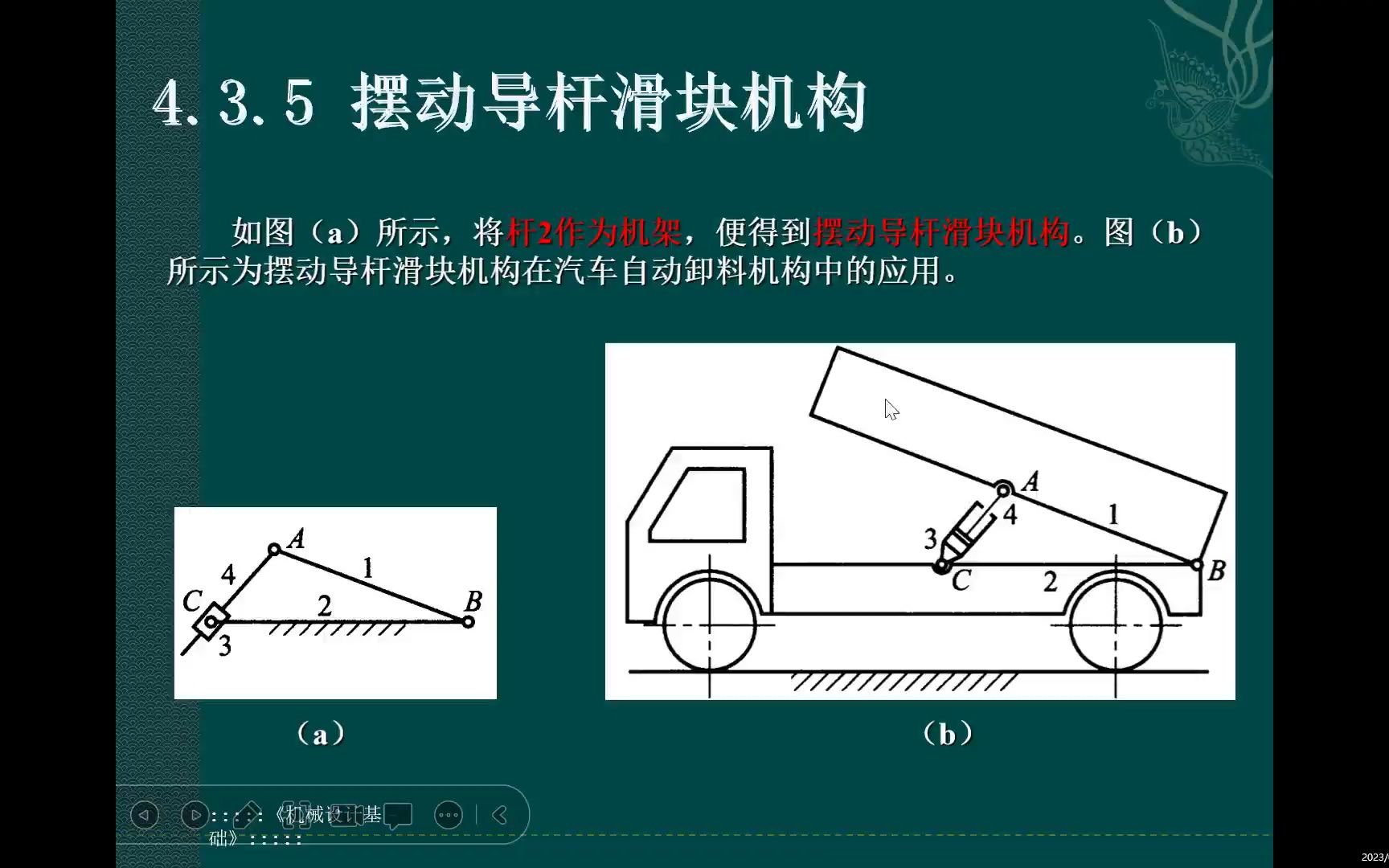 4.12摆动导杆滑块机构的概念及其在汽车自卸装置中的应用讲解