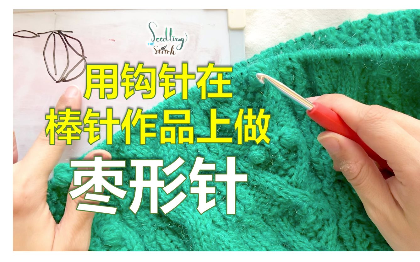 用钩针在棒针织物上做枣形针/爆米花针/小球球【小禾教编织】