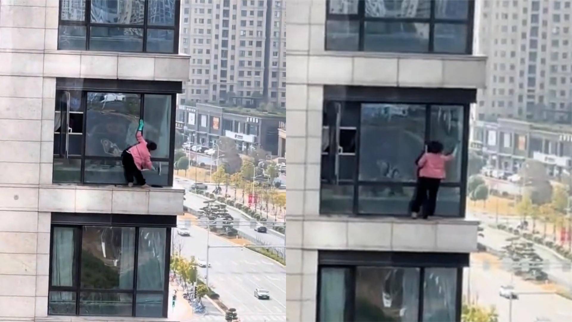 太吓人!浙江一女子徒手站高楼窗外擦玻璃,网友:光看视频腿都软了