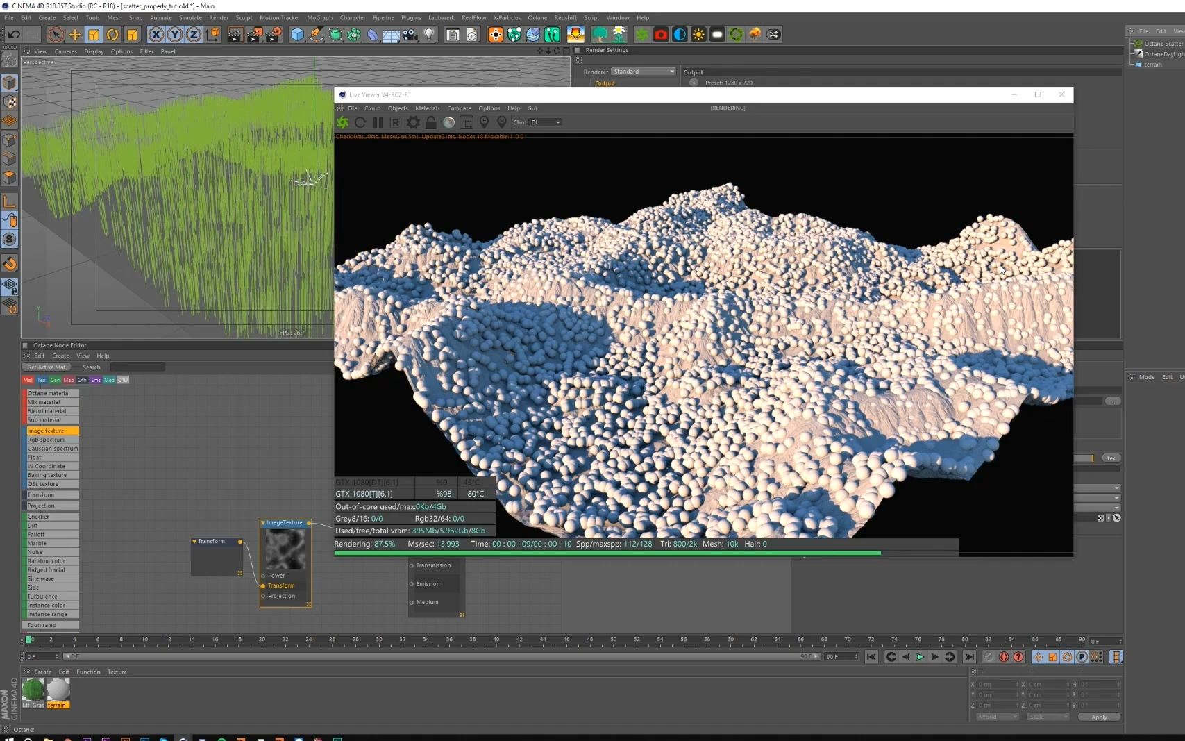 在Cinema 4D中让物体使用Octane Scatter(分布功能)在置换表面上