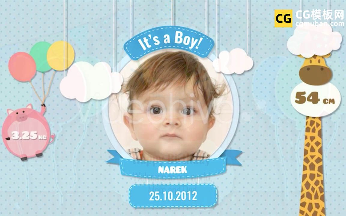 AE模板:宝宝生日模板 卡通可爱男女宝贝出生记录 少儿生日派对开场...