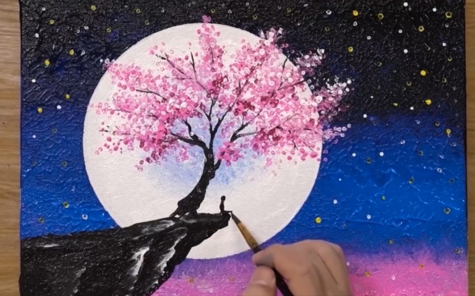 月光下的樱花树-丙烯画技巧