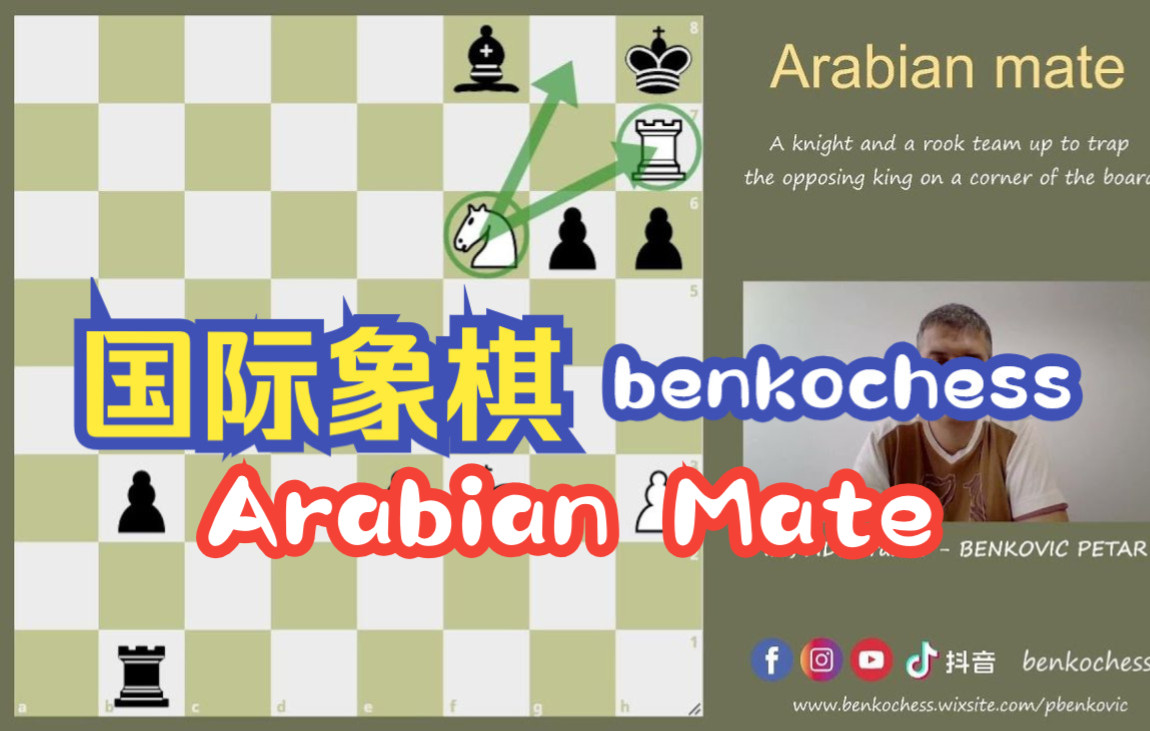 国际象棋benkochess 阿拉伯杀法:马与车配合将杀角落位置对方的王。