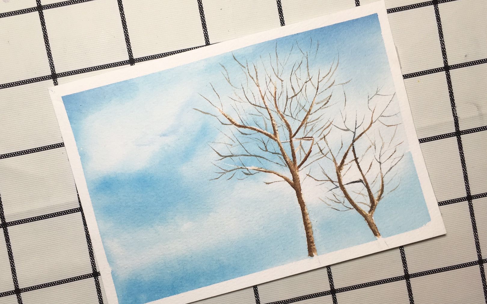 【水彩风景教程】水彩天空云朵树枝,超简单绘画,适合新手学习,梵高...