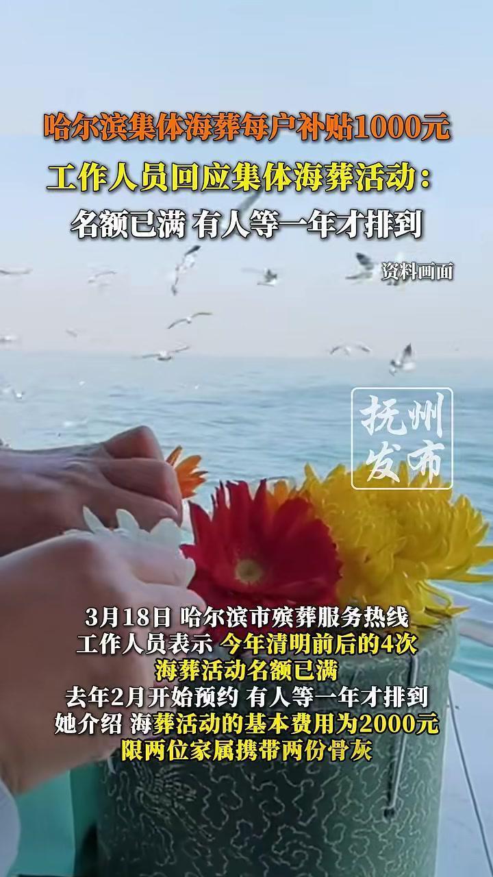 哈尔滨集体海葬每户补贴1000元,工作人员回应集体海葬活动:名额已满,有人等一年才排到。