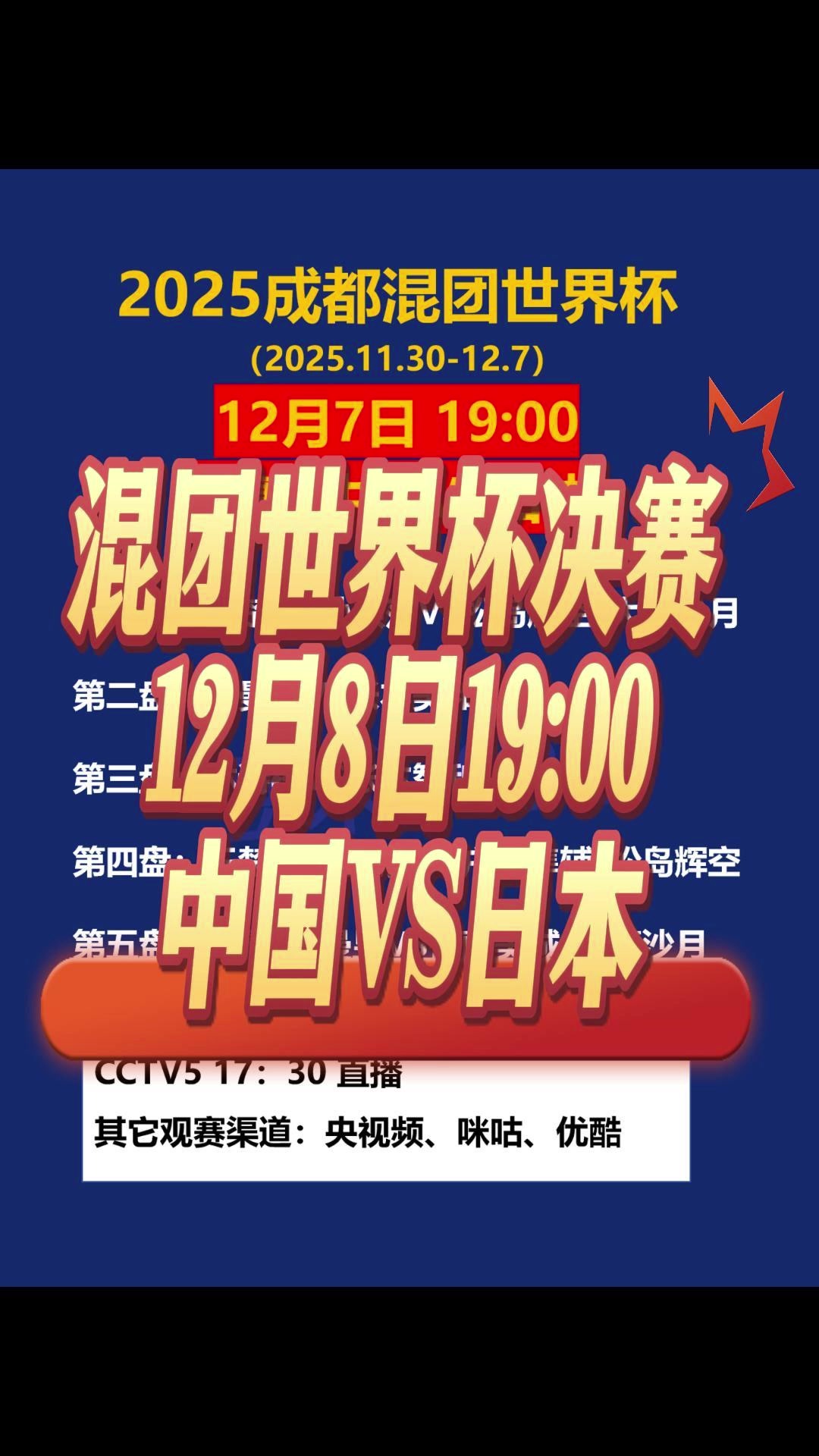 2025成都混团世界杯12月7日决赛,中日双方对阵表, 中国队加油! #成都...