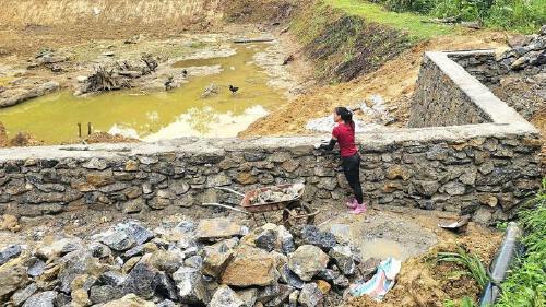 用上万块石块耗时2个月,在鱼塘边缘修筑一道坚固的挡土墙
