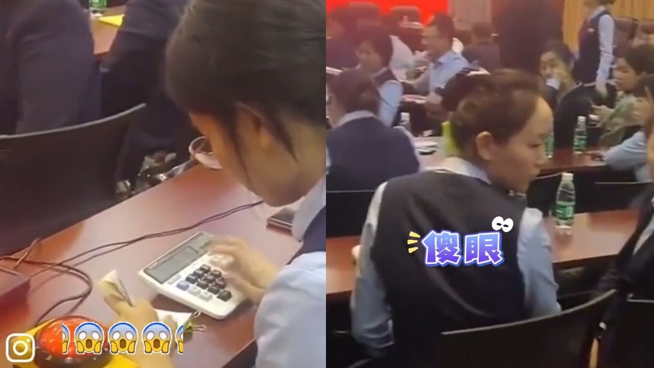 女子用计算器展现盲打神技,超快手速直接看懵一旁同事,太厉害