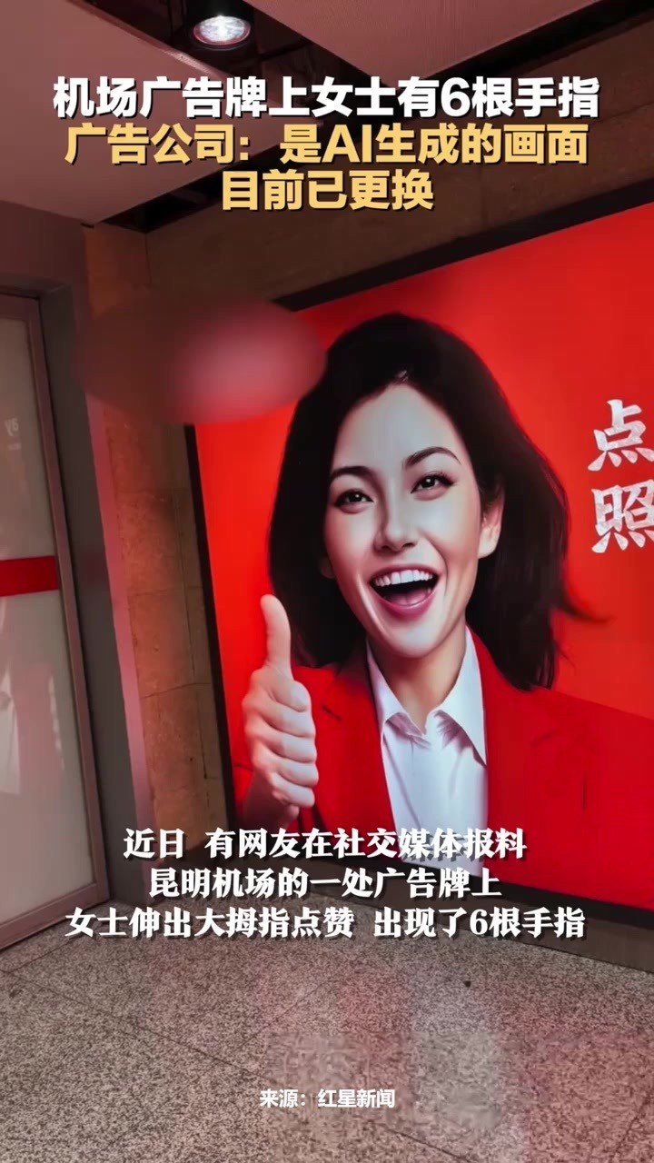 机场广告牌上女士有6根手指,广告公司:是AI生成的画面,目前已更换
