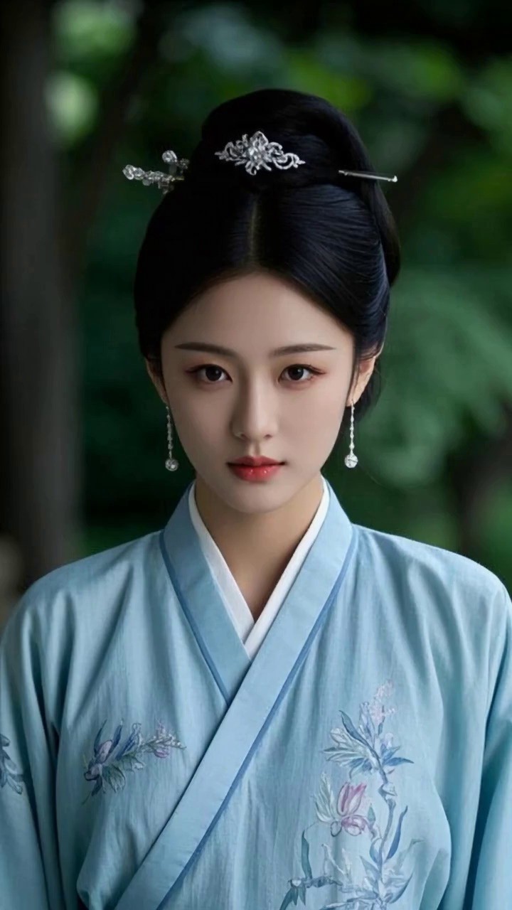 传统汉服女子身着精致丝绸长裙,衣襟处绣有金色凤凰纹样,梳着古典...