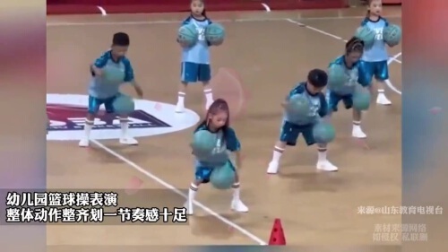 幼儿园篮球操表演,整体动作整齐划一节奏感十足