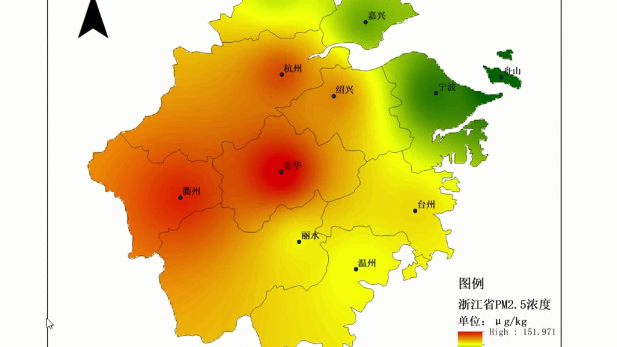 ArcGIS的插值分析日常分享,浙江省PM2.5分布图,数据可视化