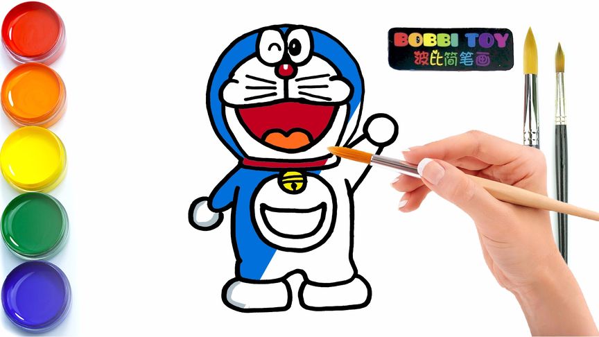 波比简笔画:教你如何画哆啦A梦,认颜色学英语,儿童轻松学画画