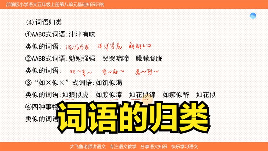 五年级八单元知识点归纳,词语归类,四种事物并列的成语有哪些呢