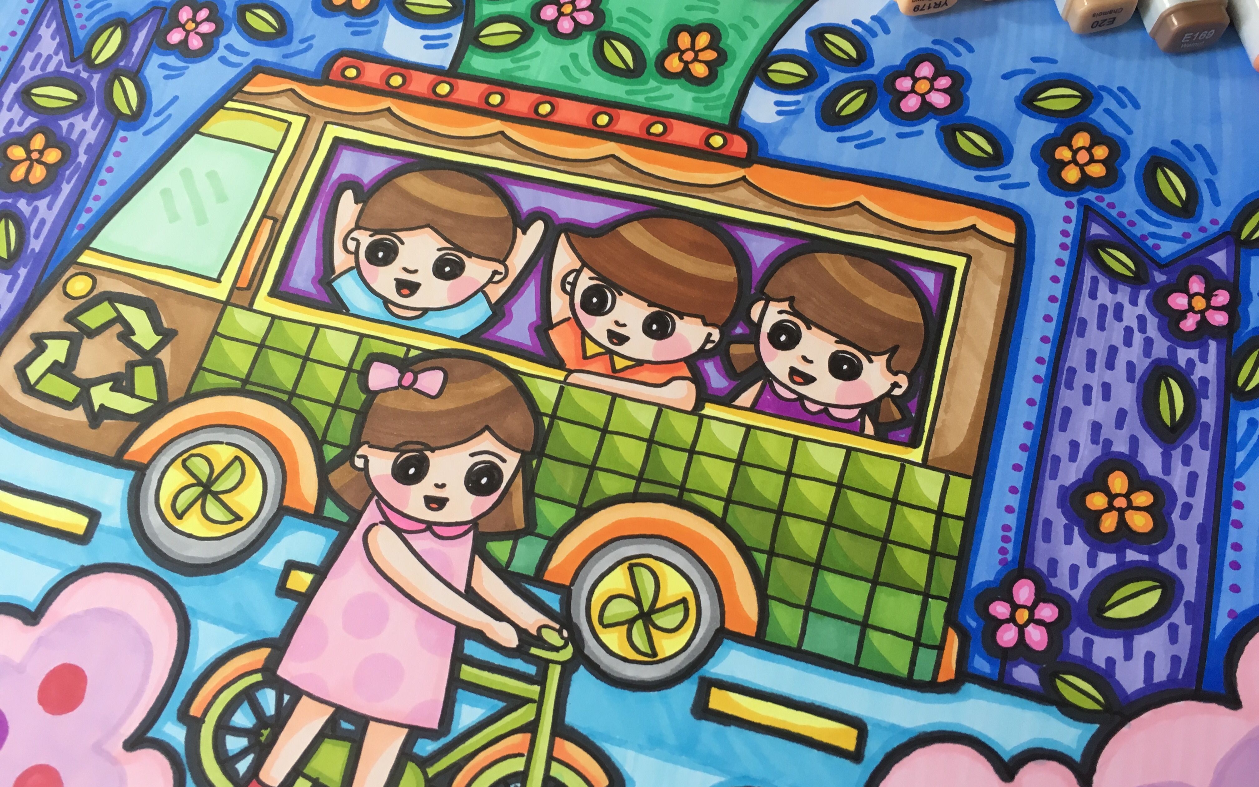 ▶简笔儿童画手绘:环保汽车
