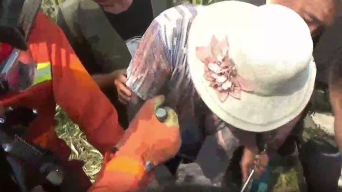 果然视频|秋收勿忘安全!一男子不慎被玉米收割机"咬"手