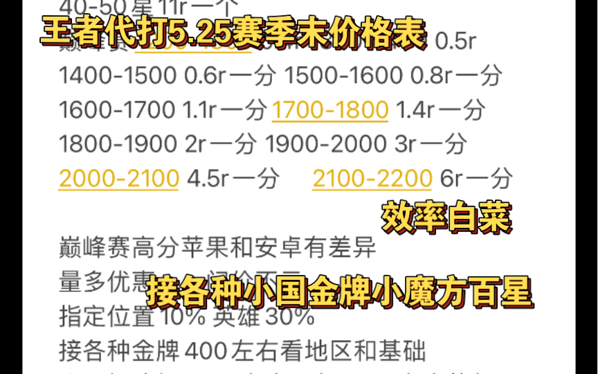 王者荣耀赛季末5.25号价格表,接各种小国标,金牌,小魔方,百星,排位,...