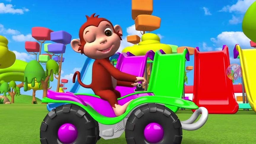 森林里的小动物,有趣的猴子大猩猩熊猫骑着怪物赛车玩彩色滑梯