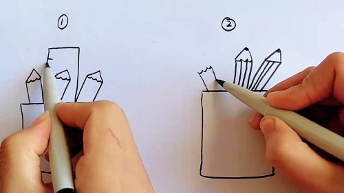 和妹妹比赛画笔筒简笔画,学习用品简笔画,儿童画亲子画,创意画
