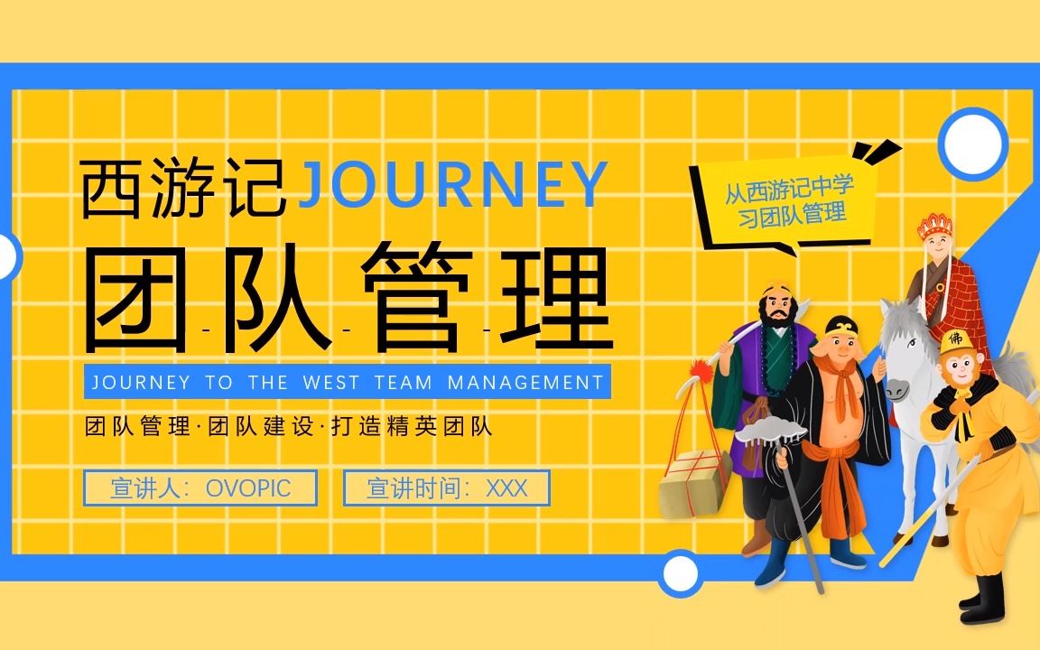 黄蓝简约风学习西游记的团队管理PPT模板