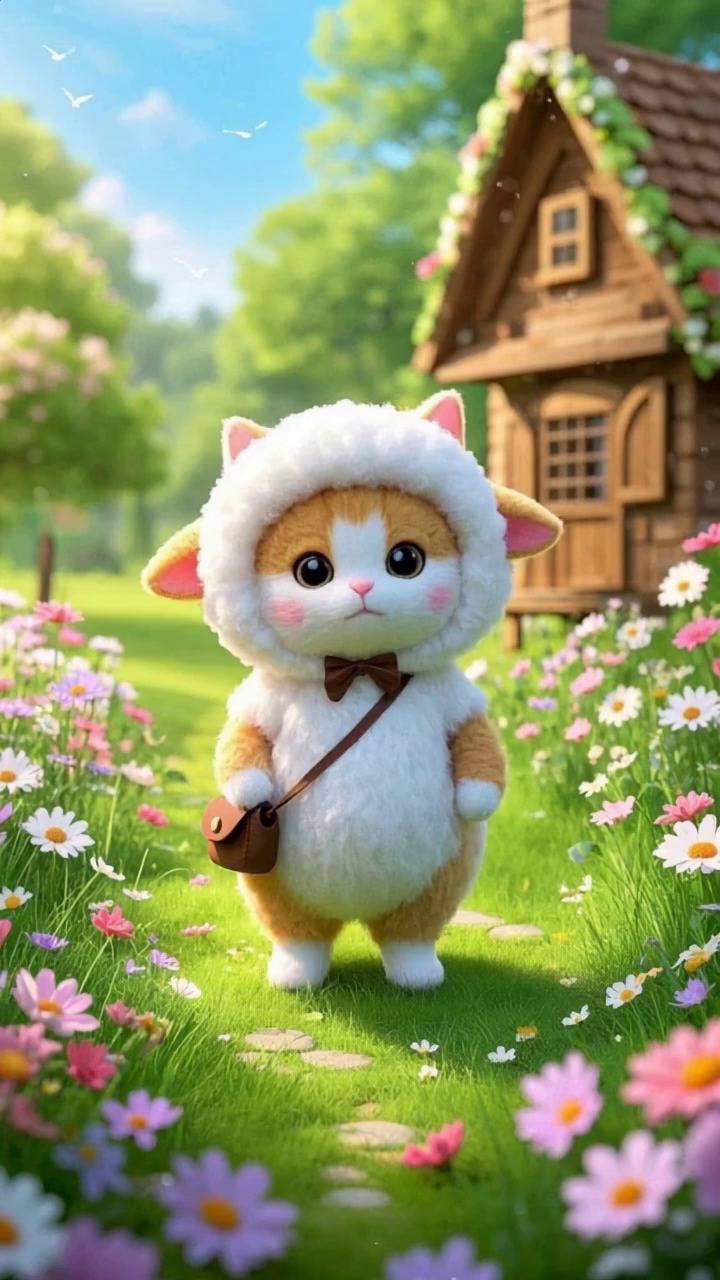 可爱橘色虎斑幼猫穿着白色蓬松羊羔绒连体衣,毛茸茸的圆耳朵竖立着,...