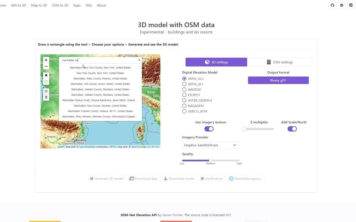 Sketchfab - 如何使用 DEM-Net Elevation API 工具创建在线3D城市模型