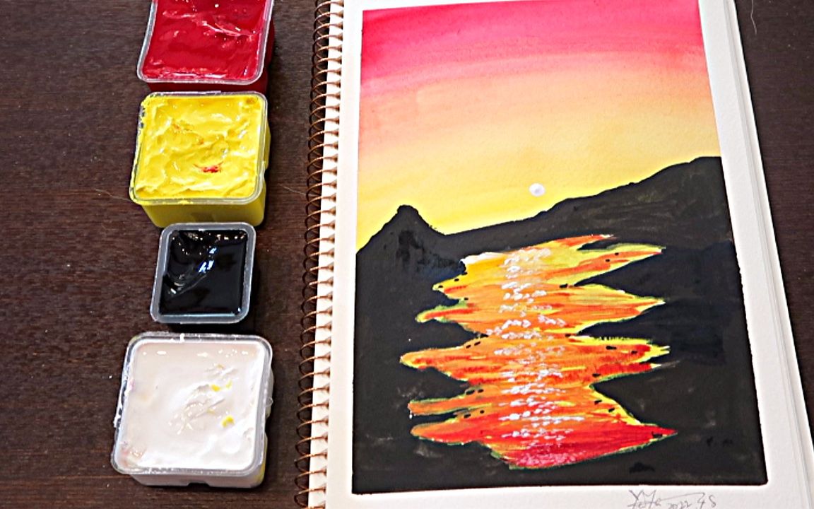 [治愈系水粉绘画] 4种颜料画夕阳 | 步骤简单 | 易上手