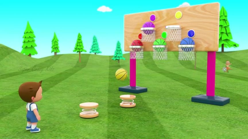 小男孩玩弹跳投篮学习各种篮球的颜色,益智动画学颜色