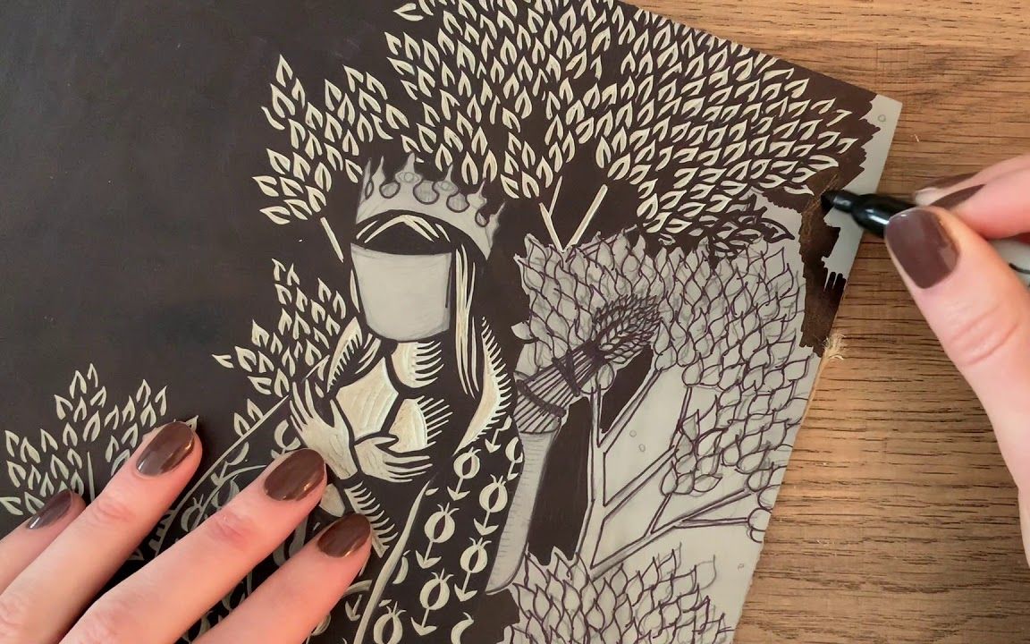 【版画】麻胶版画《皇后》,版画制作过程