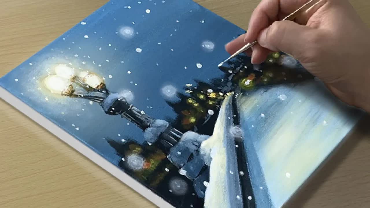 雪夜绘画/初学者丙烯画--入门教程画画