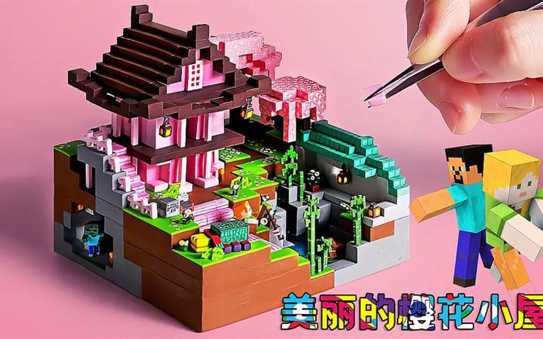 创意手工黏土,MC方块的艺术-制作精美的樱花小屋