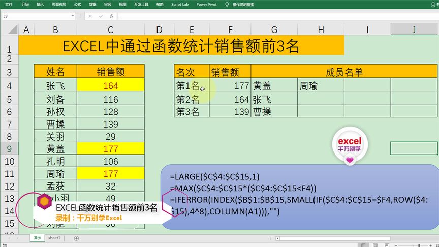 Excel中通过函数统计销售额前3名,名次并列也可以,简单高效!