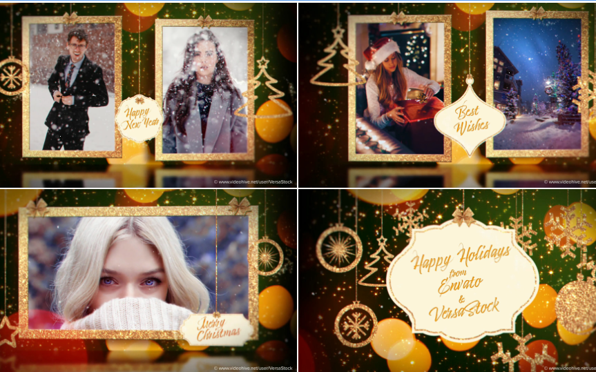 AE模板-金色烫金边框圣诞节特效的幻灯片视频婚礼相册视频同学聚会...