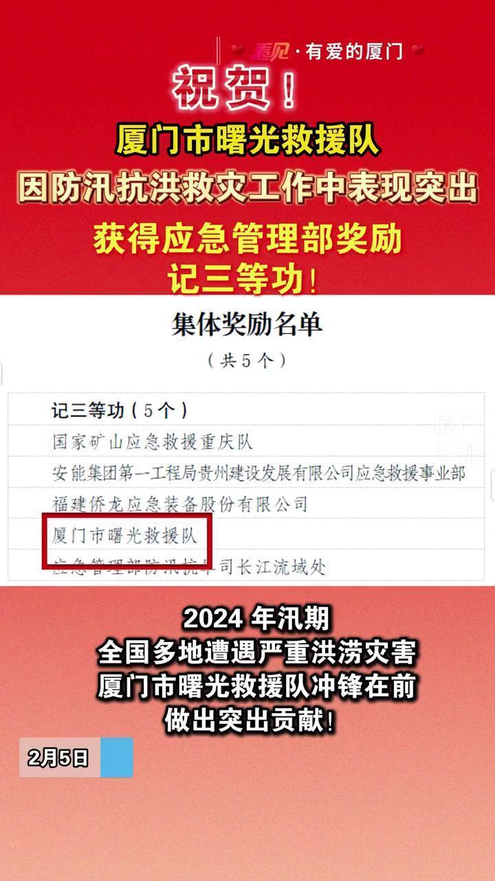 祝贺!厦门曙光救援队因防汛抗洪救灾工作中表现突出,记三等功