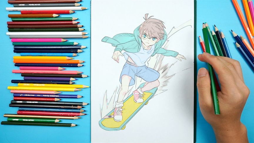 临摹名侦探柯南,滑板耍帅的柯南简笔画