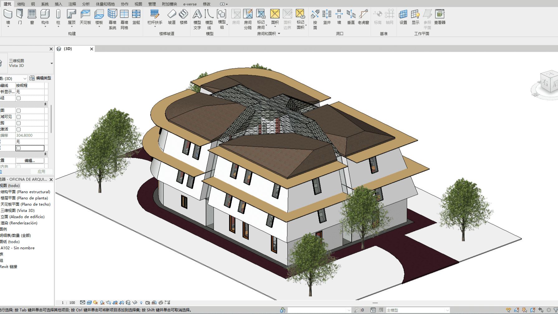 高精度精装异形办公楼Revit模型,内部包含办公区、会议室及卫生间等...