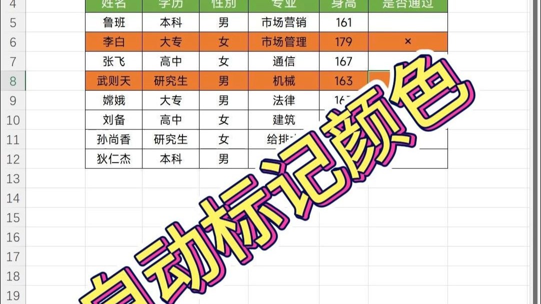 Excel数据标记:为整行自动设置颜色