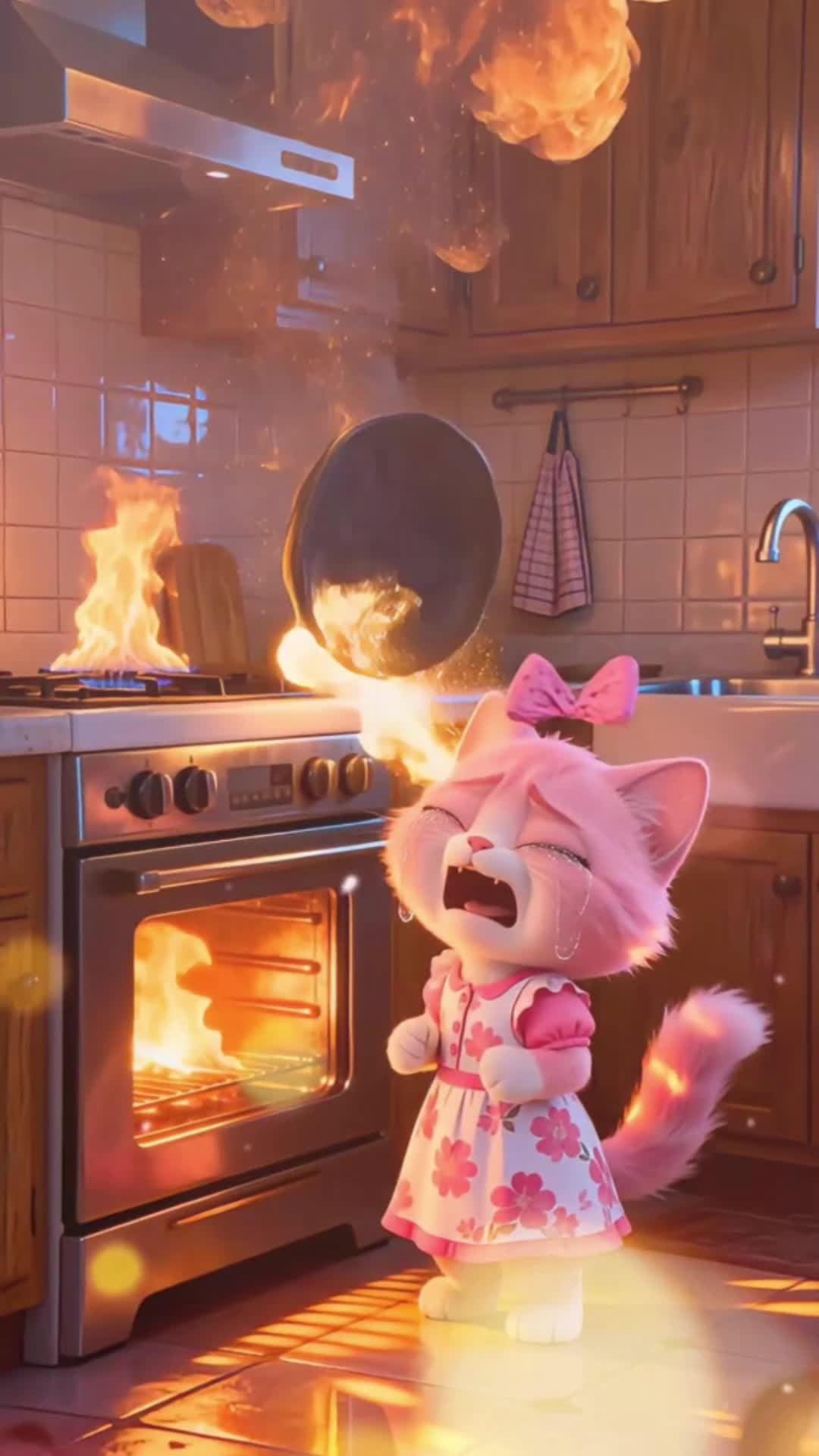 ...锅里着火啦烤箱也冒烟,粉毛小可爱急得眼泪汪汪,这是要把厨房变成...