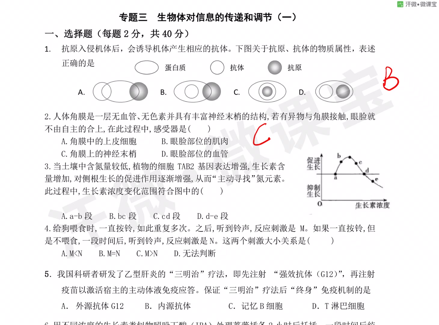 专题三 生物体的信息传递和调节测试卷一 错题讲解