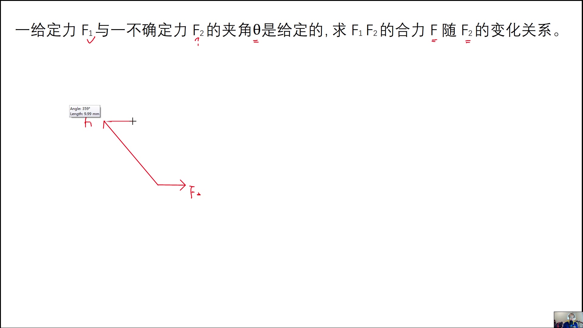 一给定力F1与一不确定力F2的夹角θ是给定的,求F1F2的合力F随F2的...