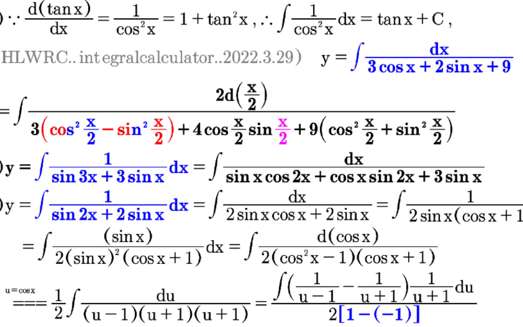 【万能公式PK裂项相消法】求解不定积分∫1/(3cosx+2sinx+9)dx,∫dx/(...