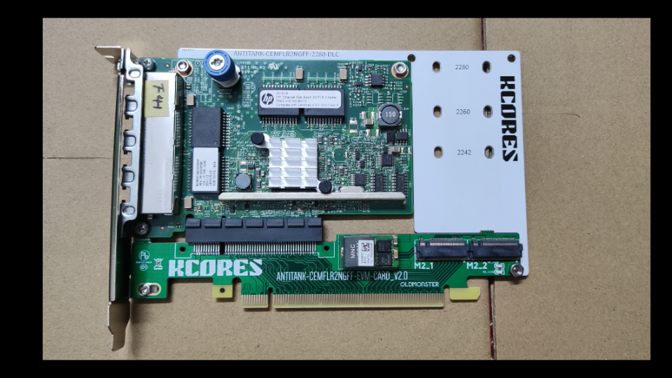 HP FLR网卡+2个m.2转接卡,pciex16转接网卡+m.2硬盘。
