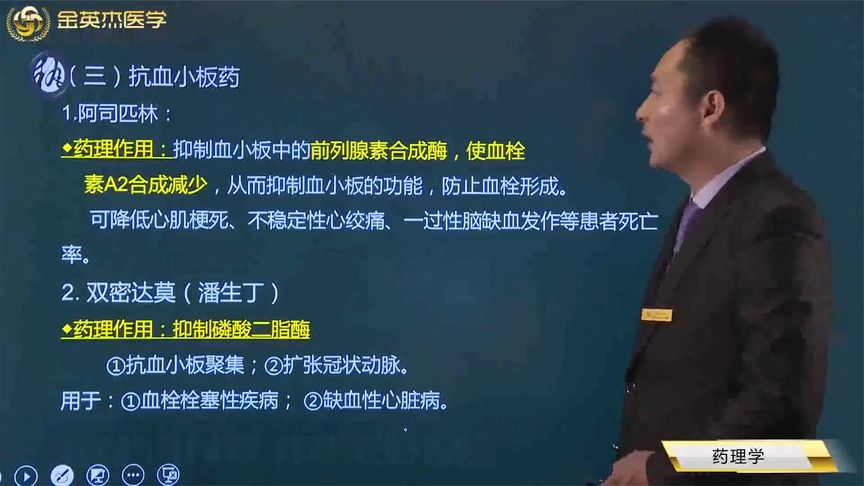 抗血小板药:阿司匹林、潘生丁;纤维蛋白溶解药:链激酶药理作用